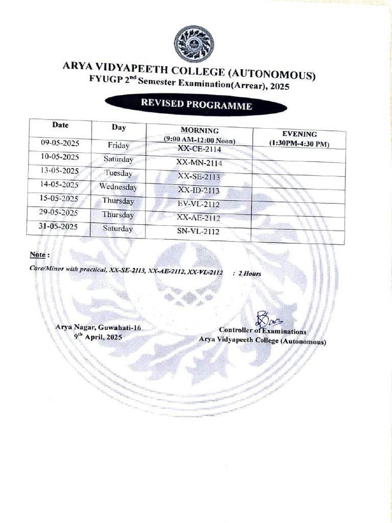 FYUGP 2nd Semester Arrear Examination 2025 (Revised Programme) | PDF
