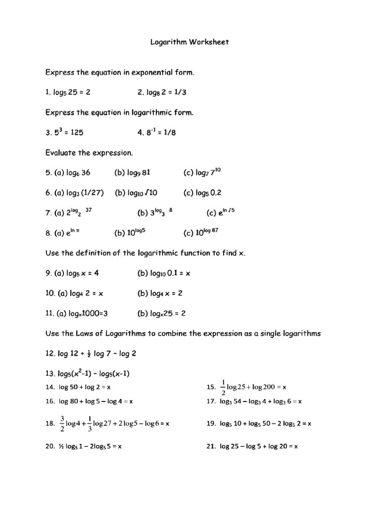 Logarithm Practice Worksheet | PDF
