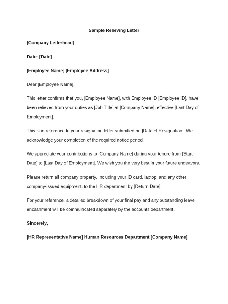 Relieving Letter Sample | PDF