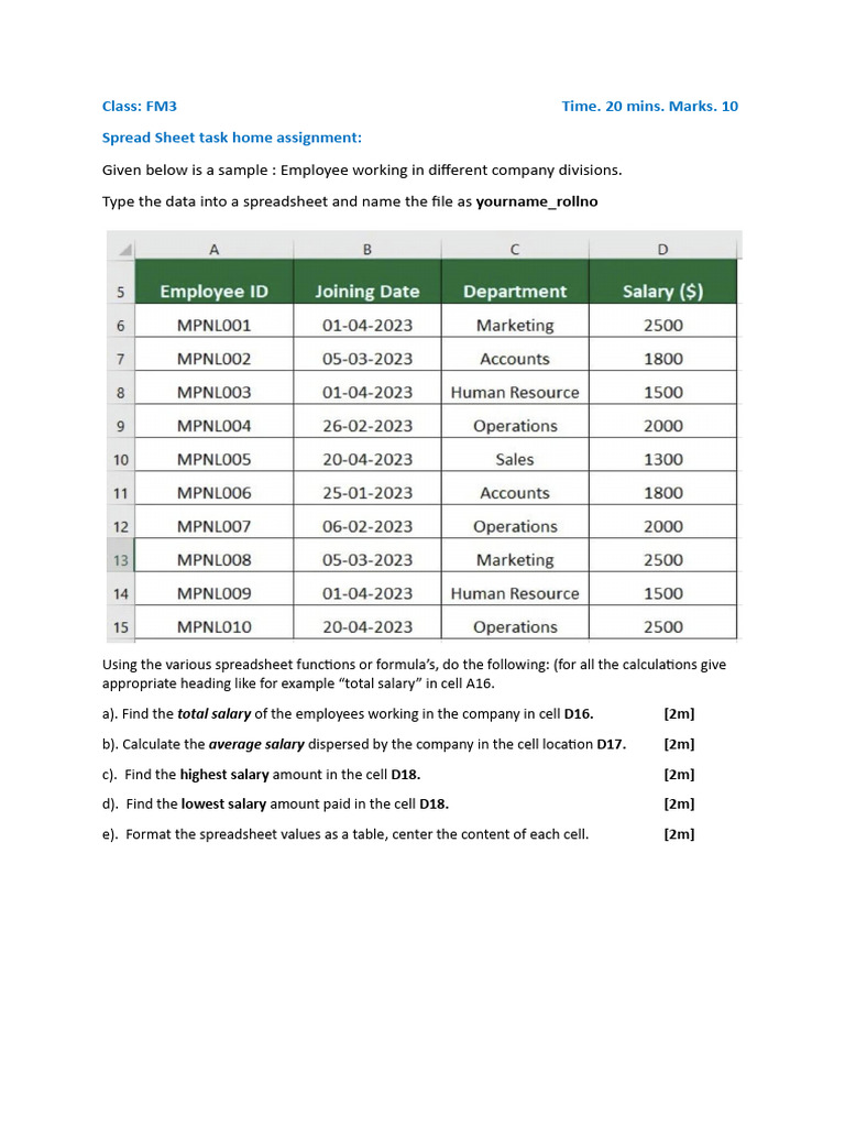 Spread Sheet Task Home Assignment | PDF