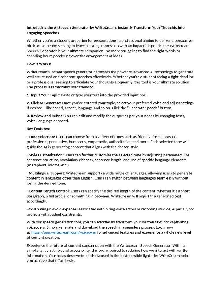 WriteCream AI Speech Generator Overview | PDF | Artificial Intelligence ...