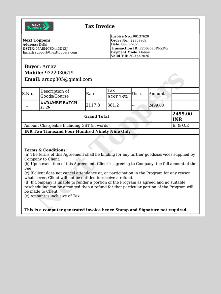 AARAMBH BATCH 25-26_invoice | PDF