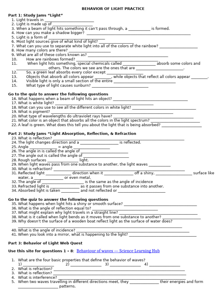 Light Behavior Study Guide | PDF | Light | Reflection (Physics)