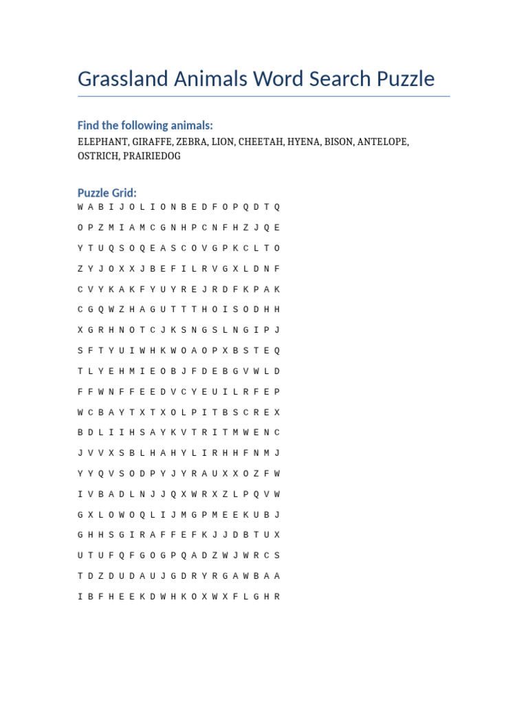 Grassland Animals Word Search | PDF