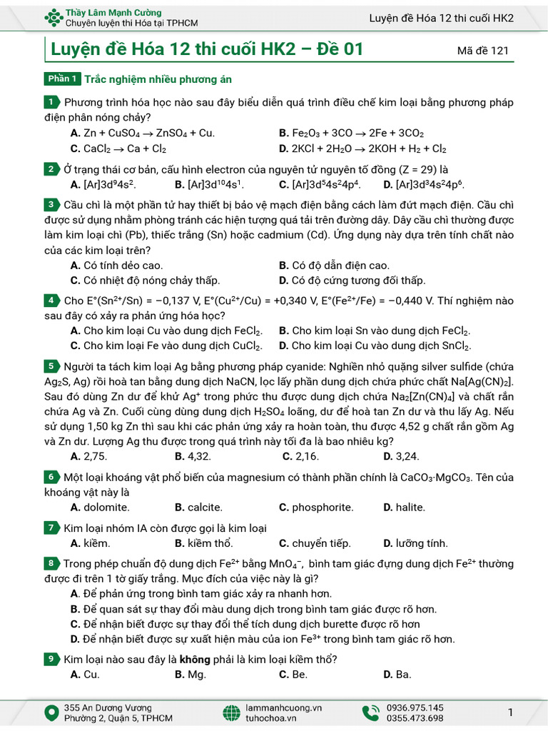 Đề ôn thi cuối HK2 - Hóa 12 | PDF