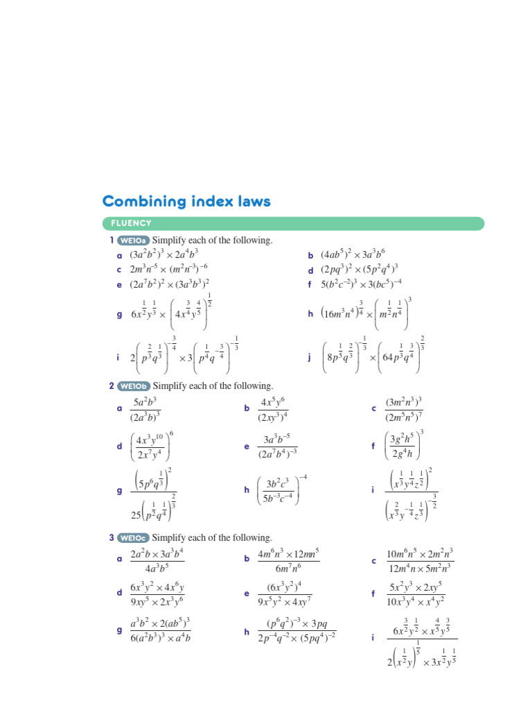 Year 10 Index Laws Worksheet | PDF