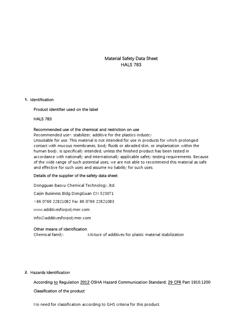 Light Stabilizer Tinuvin 783 Msds Baoxu Chemical | PDF | Toxicity | Firefighting