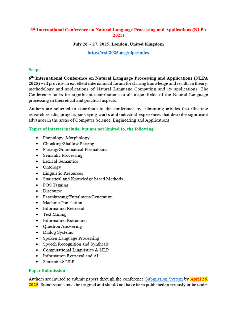 6th International Conference On Natural Language Processing and Applications (NLPA 2025) | PDF ...