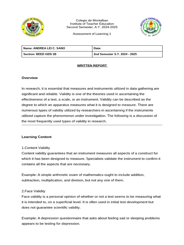 Andrea Lei Sano - Written Report TEMPLATE | PDF | Validity (Statistics) | Cognition