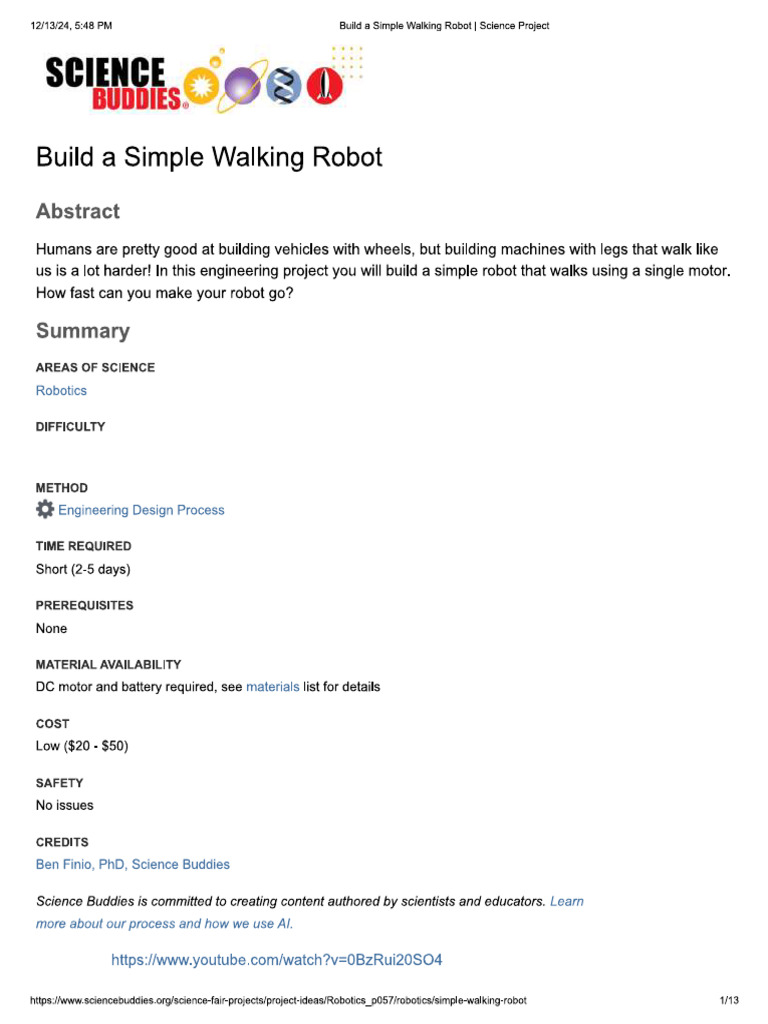Simple Walking Robot | PDF