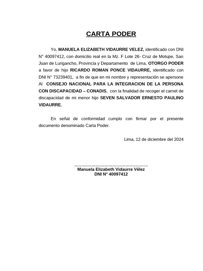 Carta Poder para Recoger Carnet de Discapacidad | PDF