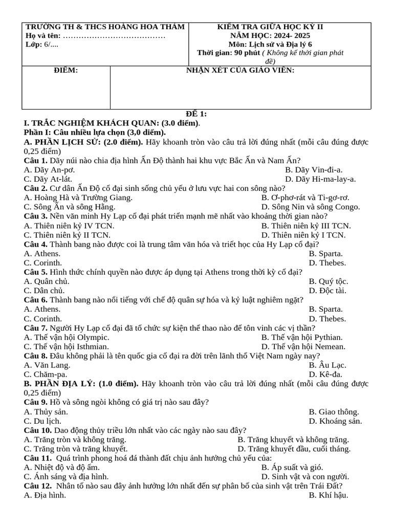 ĐỀ KTGK 2 LS & Đ LÝ 6 | PDF