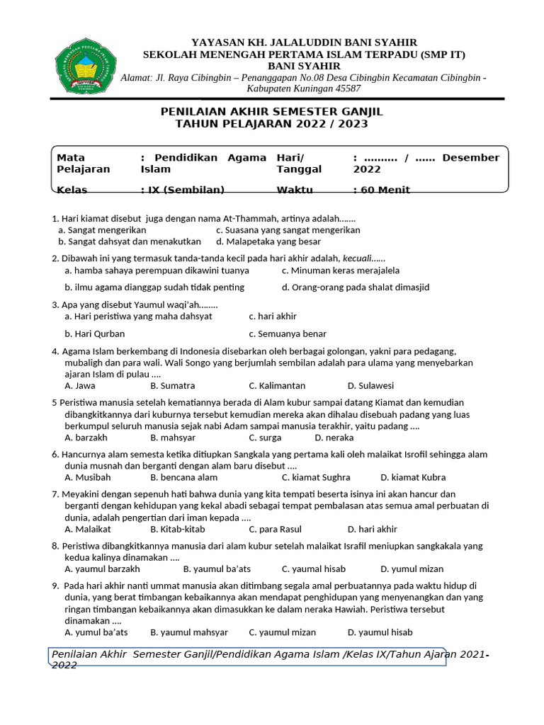 Pas Pai KLS 9 Ganjil 2022 | PDF