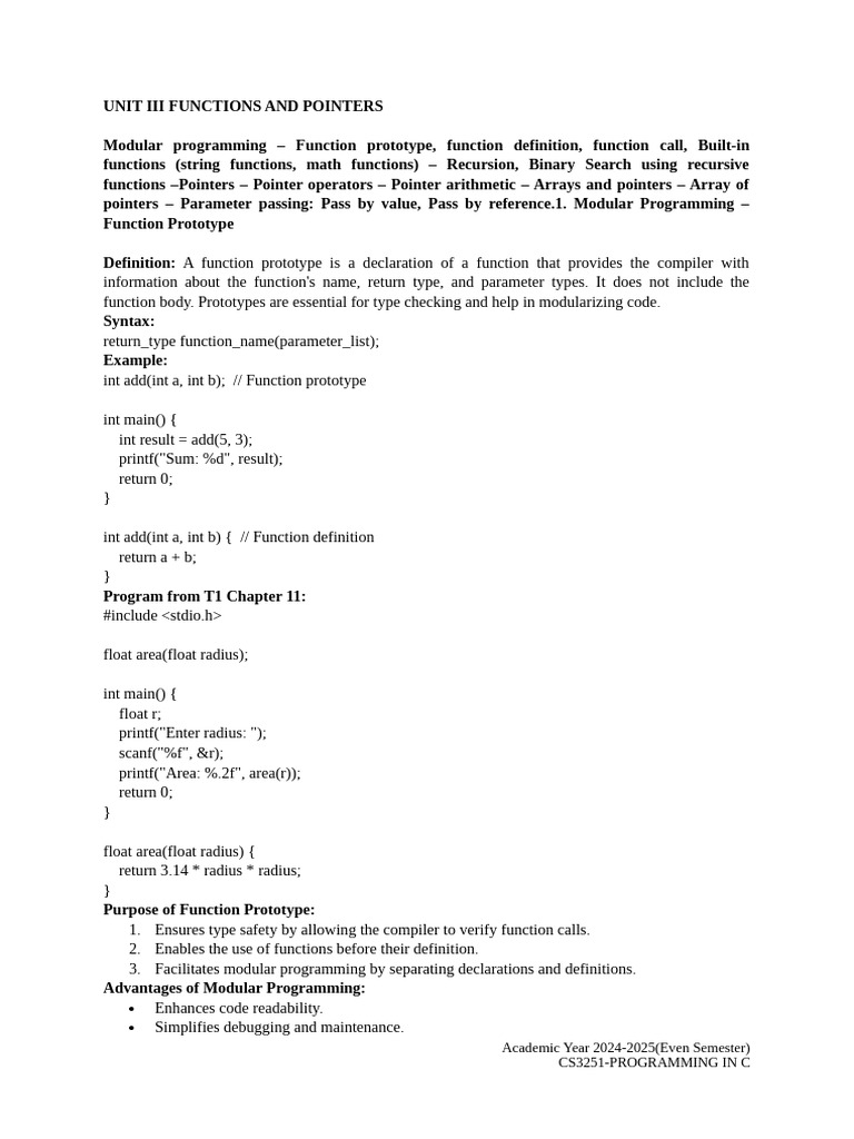 Unit Iii Functions And Pointers Pdf Pointer Computer Programming