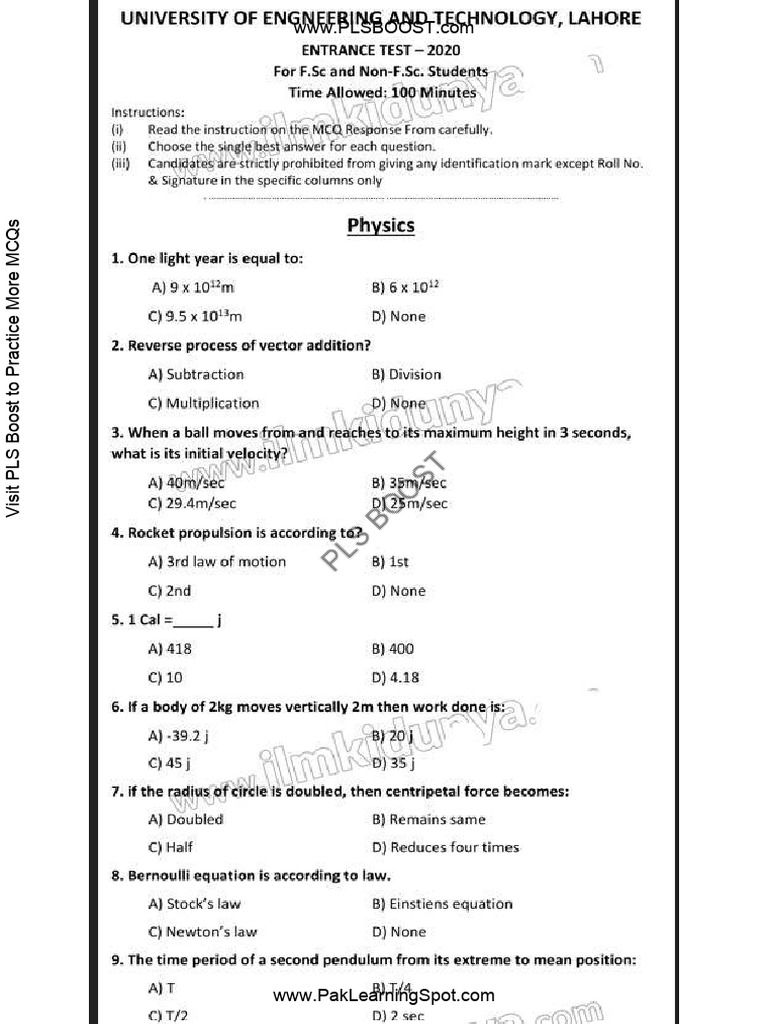 UET ECAT Past Papers Solved 2020 Pls | PDF