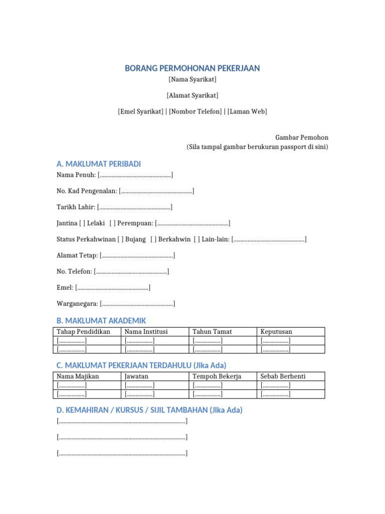 Borang Permohonan Pekerjaan | PDF