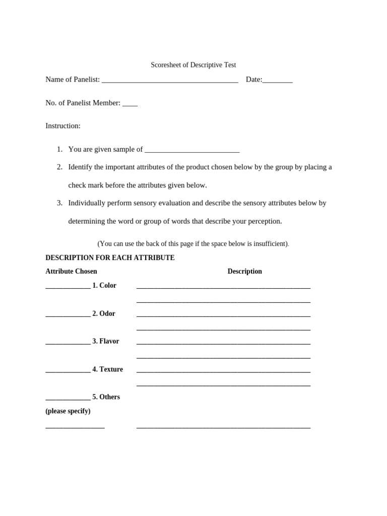 Descriptive Test Scoresheet Template | PDF