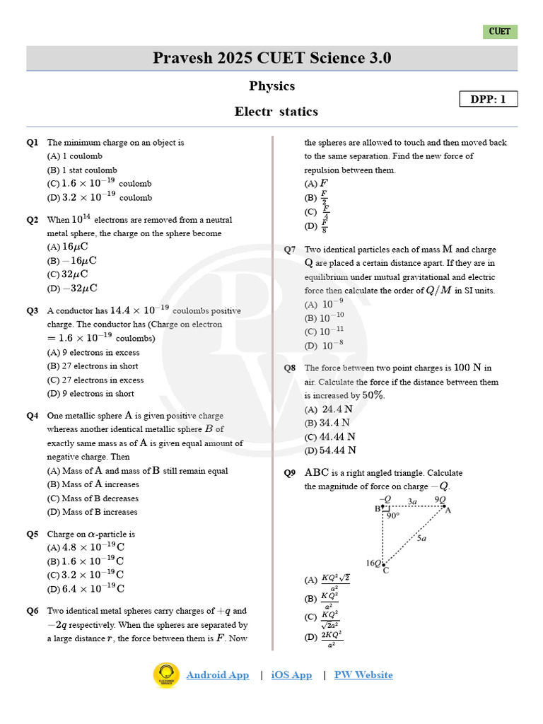 Electrostatics - DPP 01 - Pravesh 2025 CUET Science 3.0 | PDF | Force | Electron