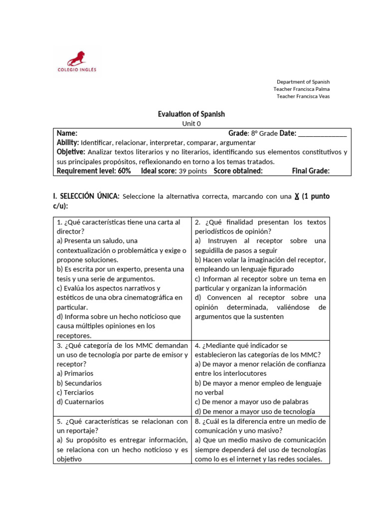 Prueba Octavo Unidad de Repaso 2025 | PDF | Comunicación | Medios de ...