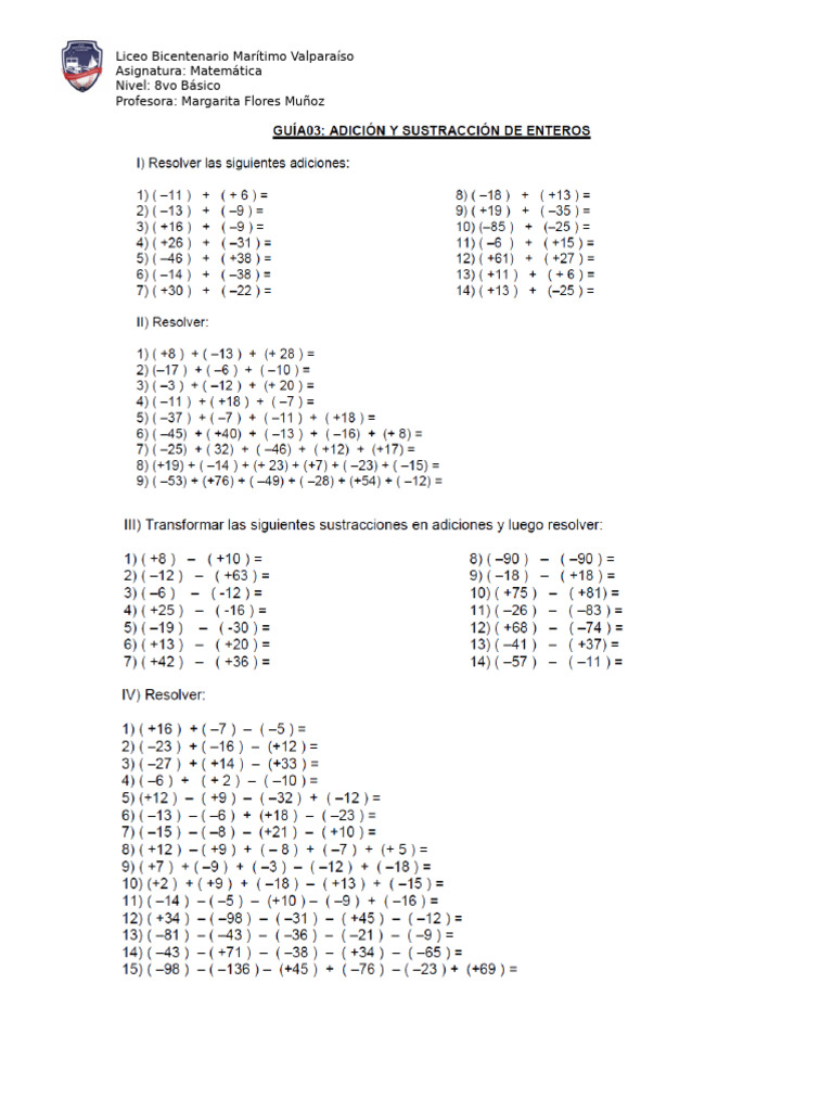 guia-de-suma-y-resta-de-enteros-8vo | PDF