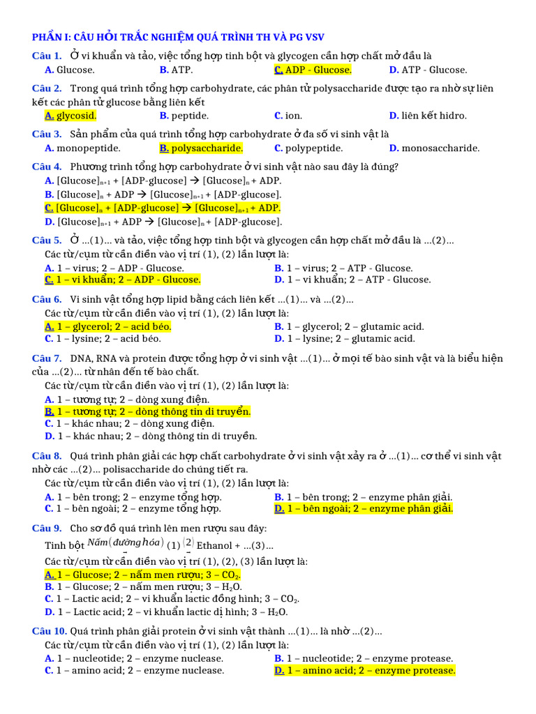 CÂU HỎI TRẮC NGHIỆM QUÁ TRÌNH TH VÀ PHÂN GIẢI VSV | PDF