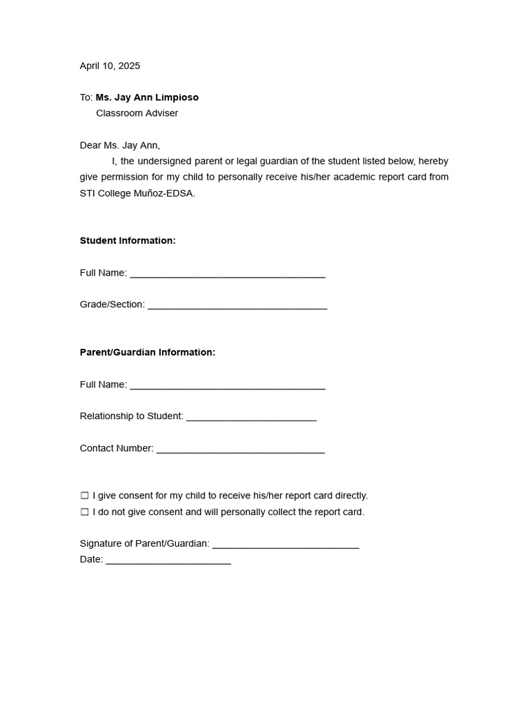 Parent Consent for Report Card Collection | PDF