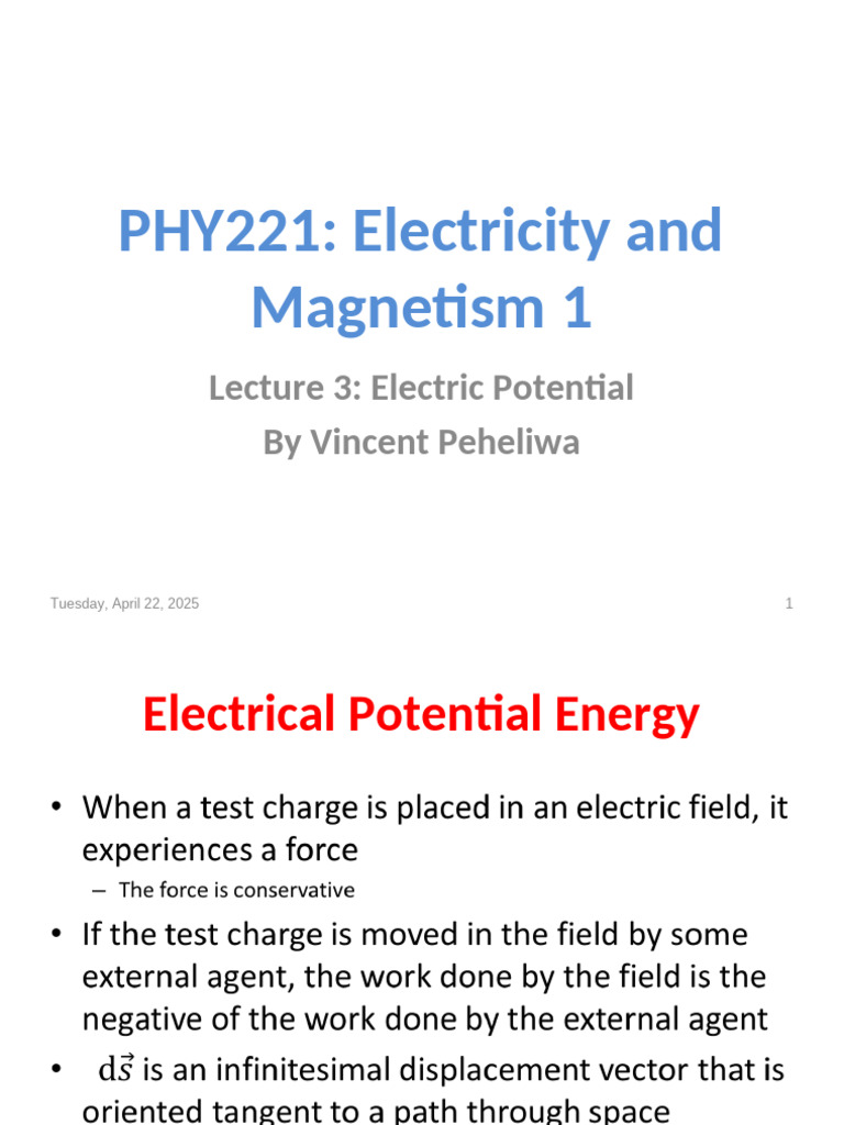 PHY221 Lecture 3 Electric Potential | PDF | Electric Field | Classical Mechanics