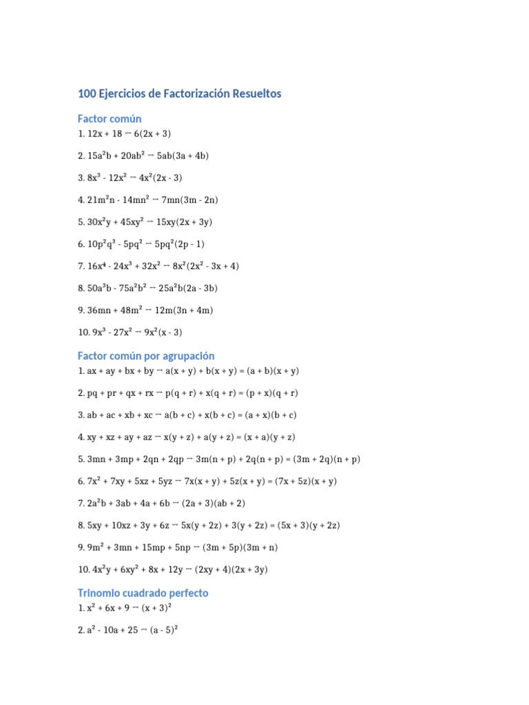 Factorización 100 Ejercicios | PDF
