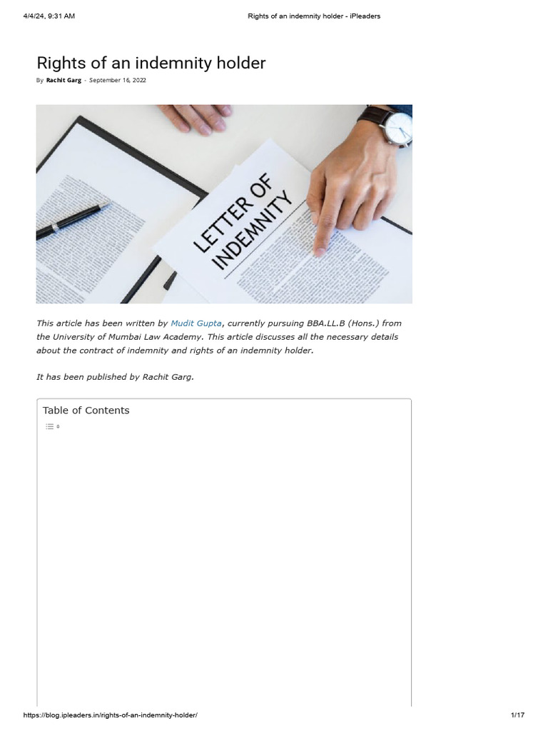 Rights of Indemnity Holders Explained | PDF | Indemnity | Law Of ...