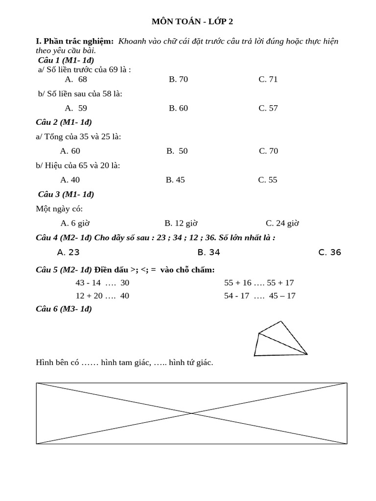 Lớp 2. Đề ôn thi HK1 (3) | PDF