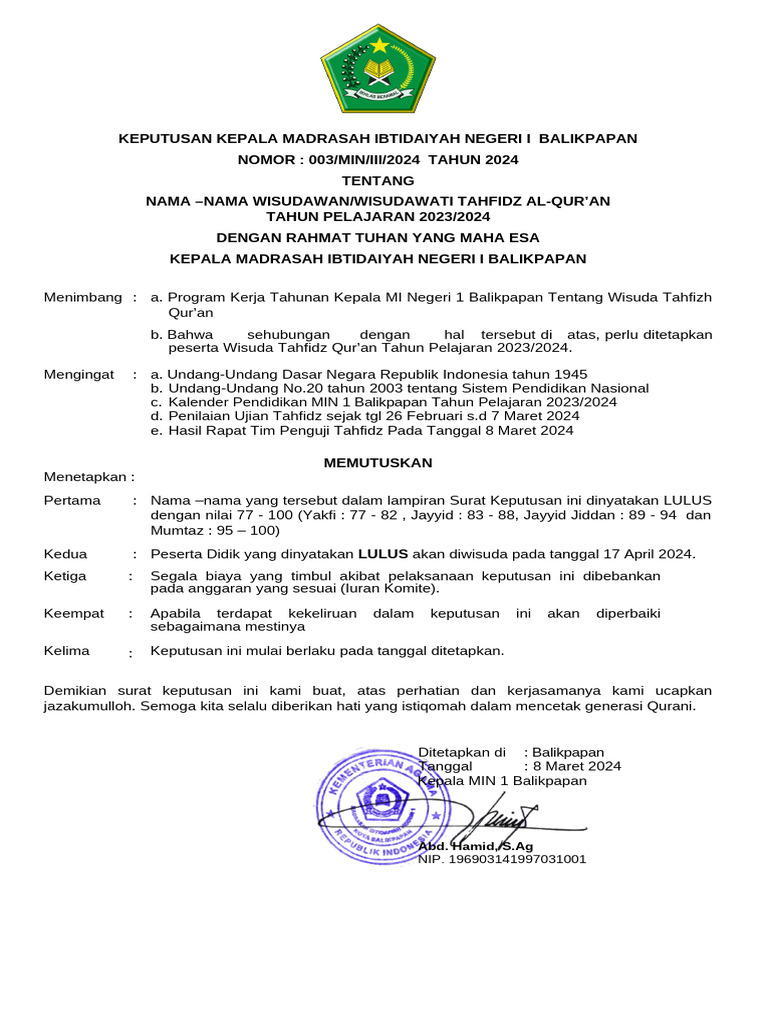 SK PESERTA WISUDA TAHFIDZ 2024 | PDF