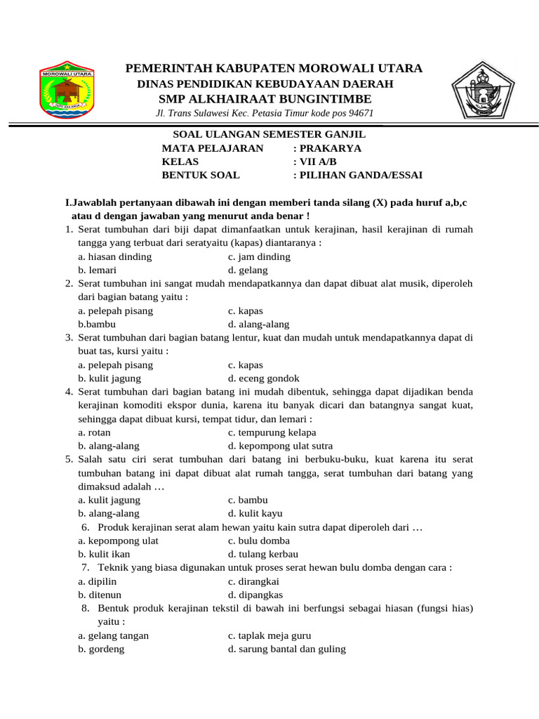 Soal Ulangan Akhir Semester Ganjil Prakarya Kelas Vii | PDF