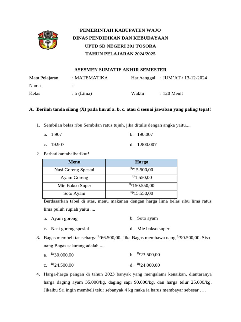 Soal Asas Ganjil Matematika Kelas 5 | PDF