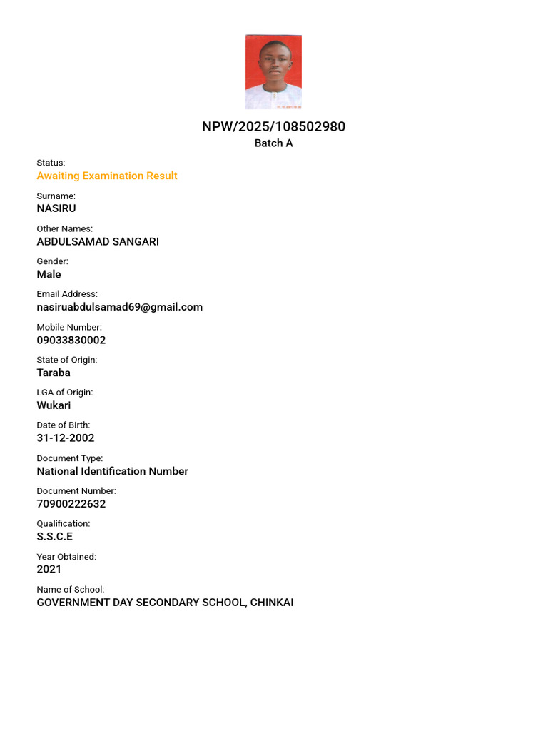 National ID Status for Nasiru Abdulsamad | PDF