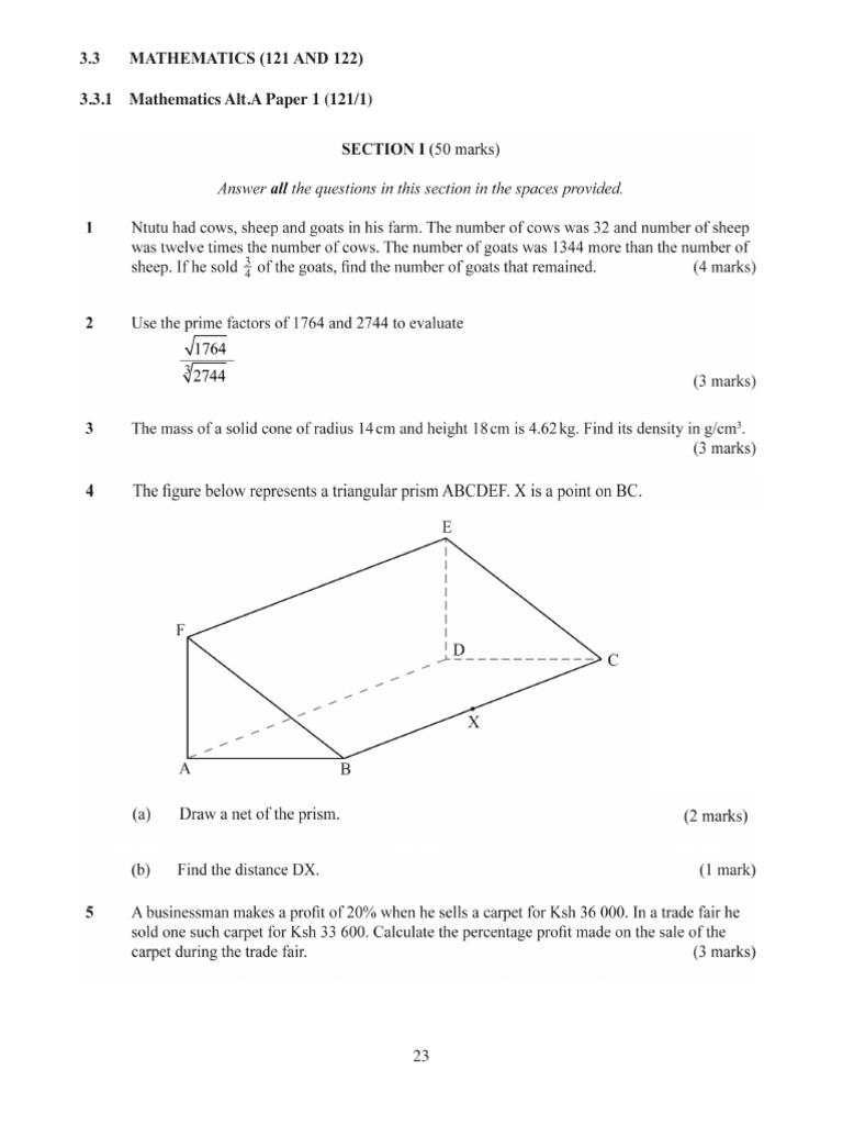 Mathematics Question Paper1 2 Kcse 2014 | PDF