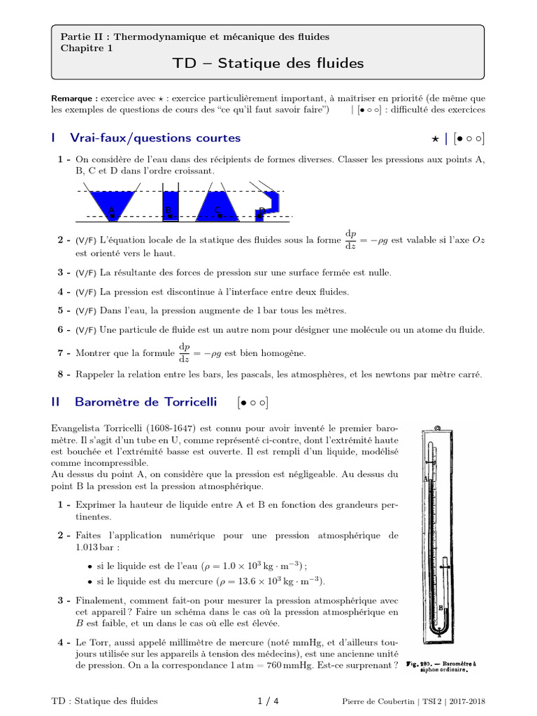 Exercices sur la statique des fluides | PDF | Pression | Mécanique des ...