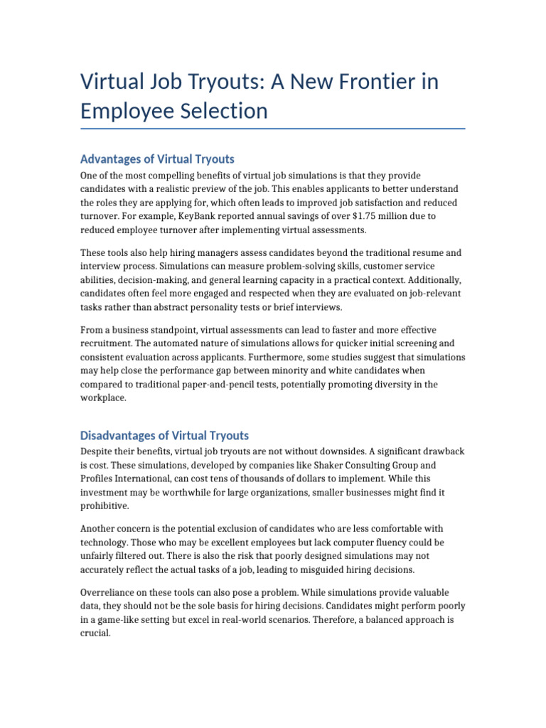 Virtual Job Tryouts: Benefits and Challenges | PDF | Recruitment ...