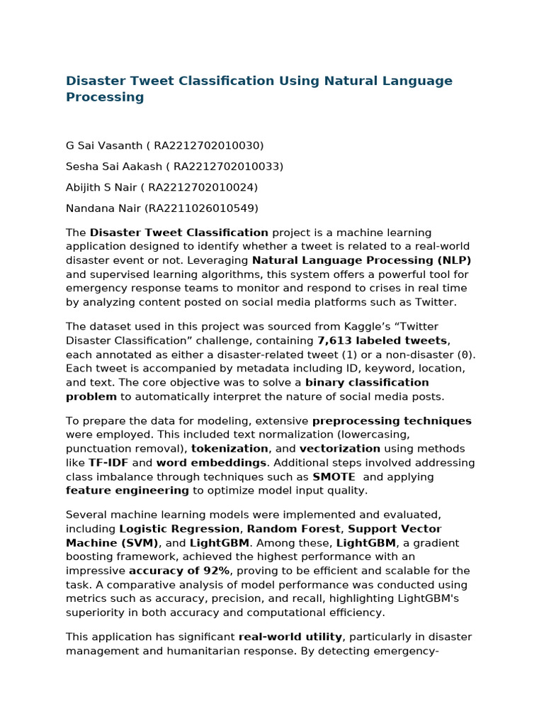 DISASTER_TWEET_CLASSIFICATION_WRITE_UP | PDF | Machine Learning ...