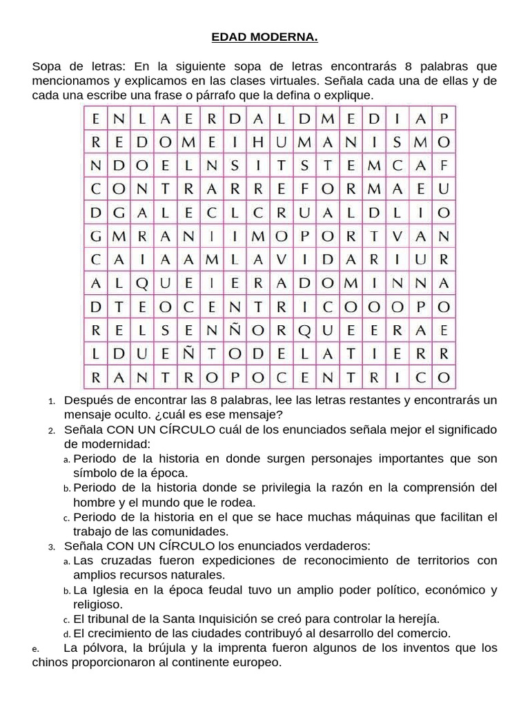 Sopa de letras: Edad Moderna | PDF | Período moderno temprano
