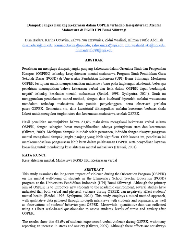 Dampak Jangka Panjang Kekerasan Dalam OSPEK Terhadap Kesejahteraan Mental Mahasiswa Di PGSD UPI ...