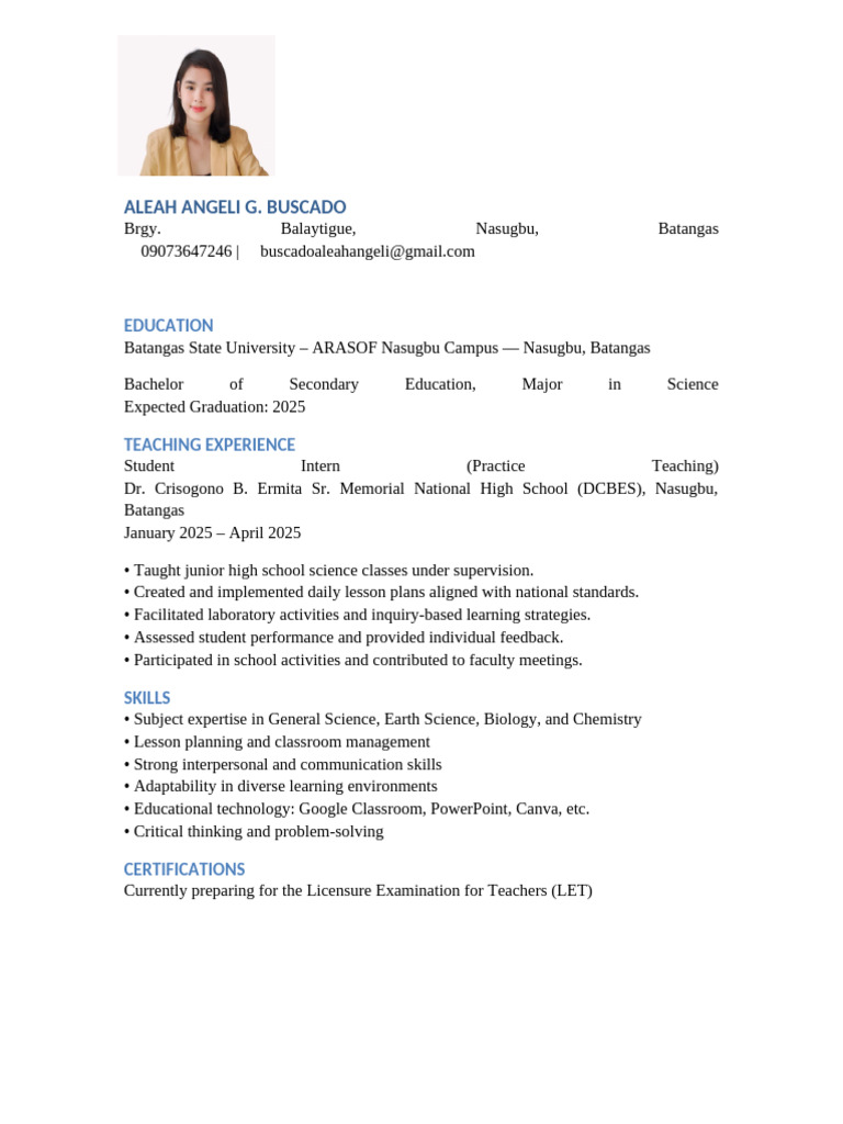 Aleah Angeli Buscado Resume | PDF