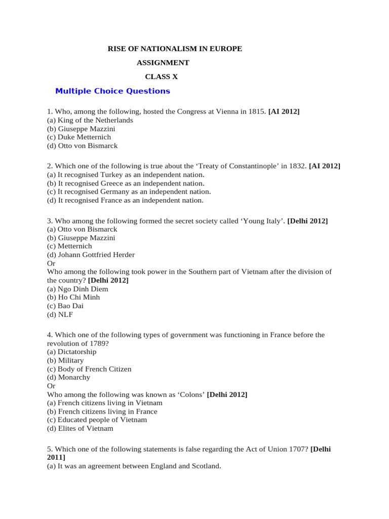 Rise of Nationalism in Europe Mcqs Assignment | PDF | Prussia | United Kingdom Of Great Britain ...