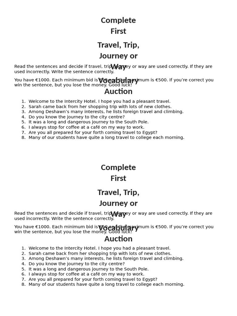 Complete First Travel, Trip, Journey, Way Vocabulary Auction | PDF