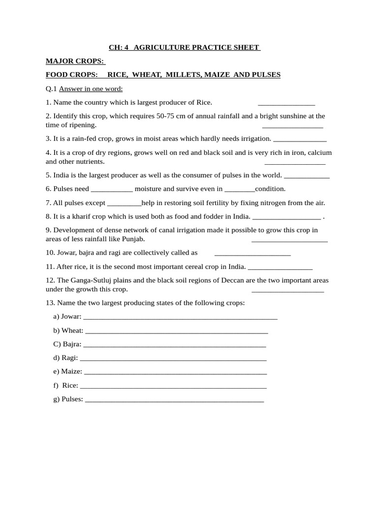 Agriculture Worksheet 1 | PDF
