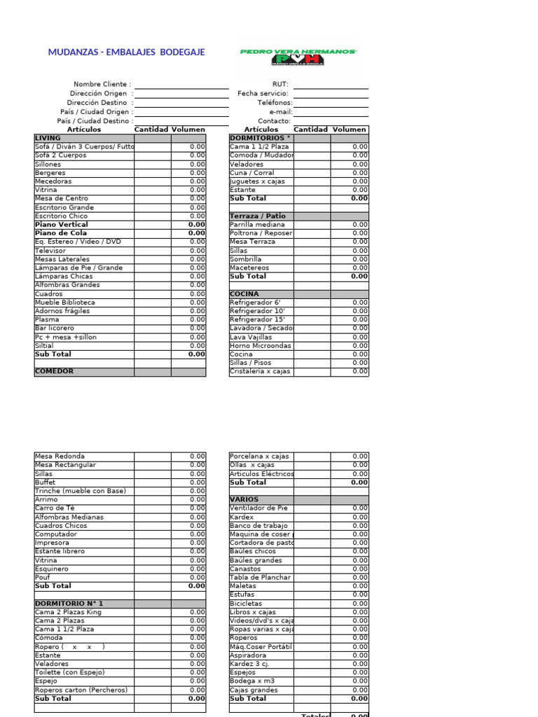 Planilla m3 Mudanzas Vera Hnos Spa | PDF | Inicio | Bienes manufacturados