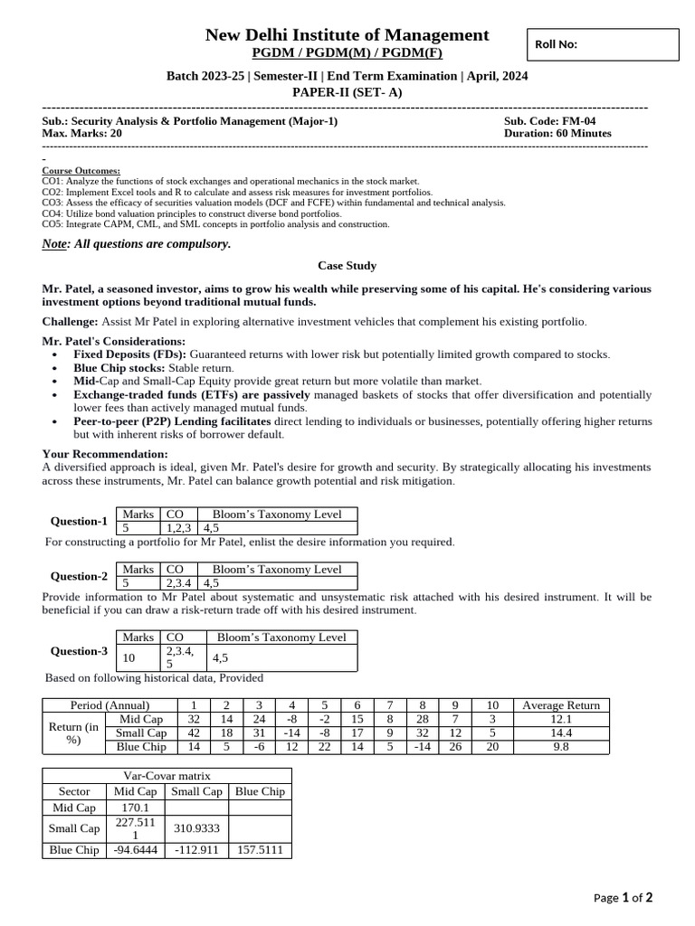 QP SAPM-M1 P2 Set-A 24.04.2024 | PDF | Investing | Exchange Traded Fund