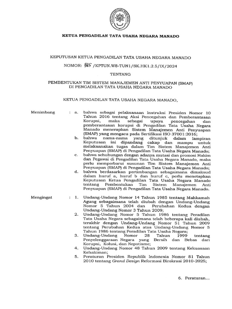 SK Pembentukan Tim SMAP Di PTUN Manado | PDF