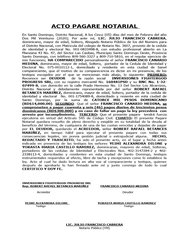 ACTO PAGARE NOTARIAL | PDF | República Dominicana