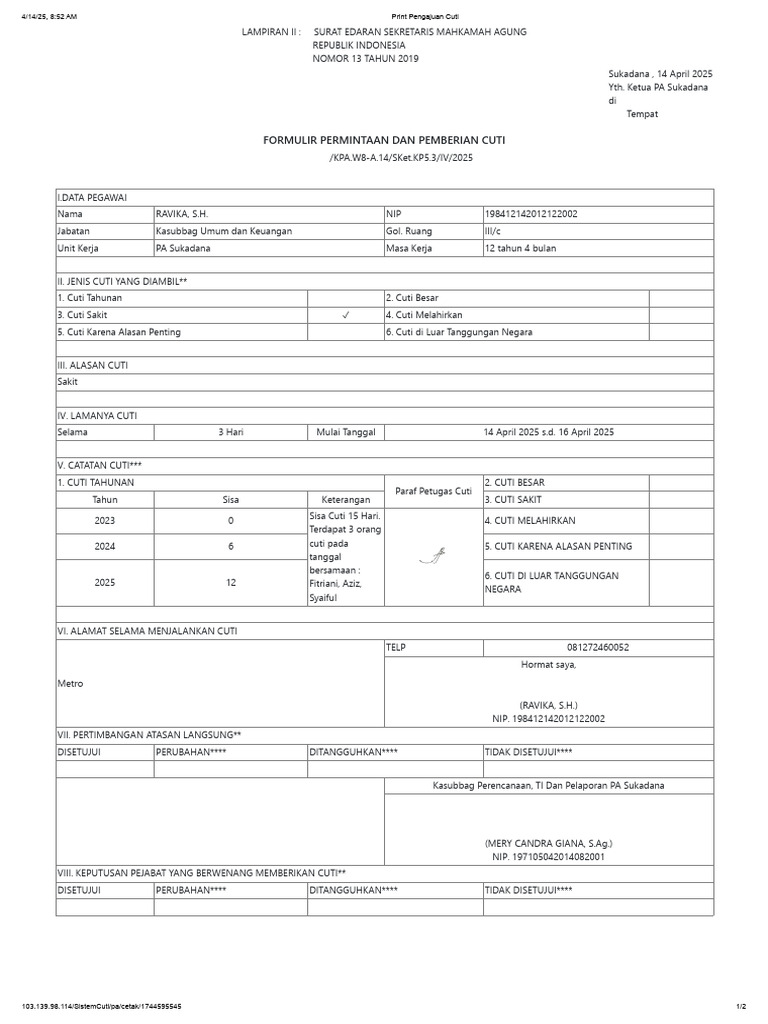 Form Pengajuan Cuti | PDF