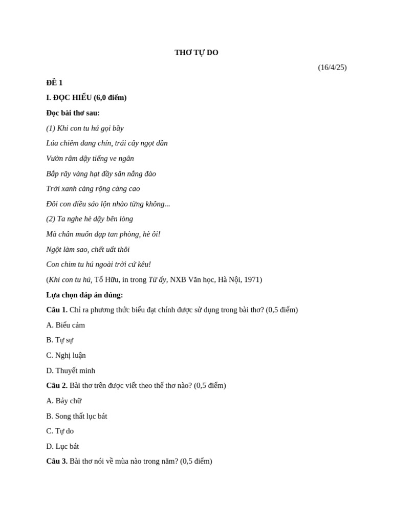 Đề Luyện Thơ Tự Do (Ck2) | PDF